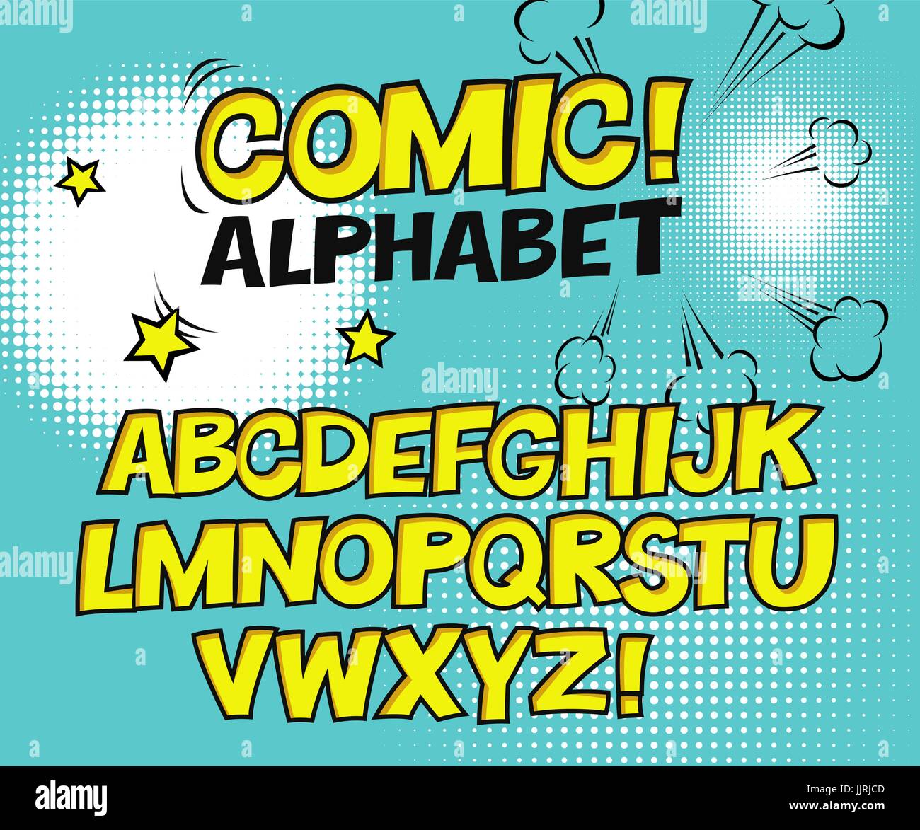 Comic retro yellow alphabet. Halftone background and decorative ...