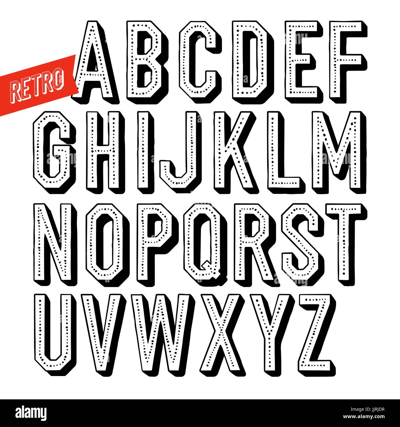 Handmade retro dot&shadow font. Black letters on white background. Sans ...