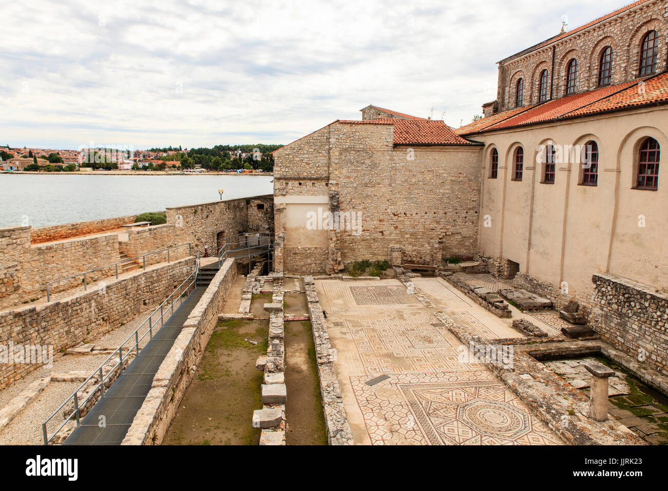 Mosaic floor of the first Basilica in Porec, Istria. Croatia Stock ...