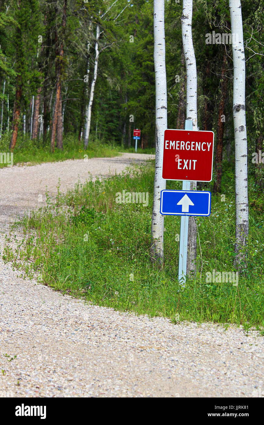 Emergency exit sign along a country road with another same sign blurred ...