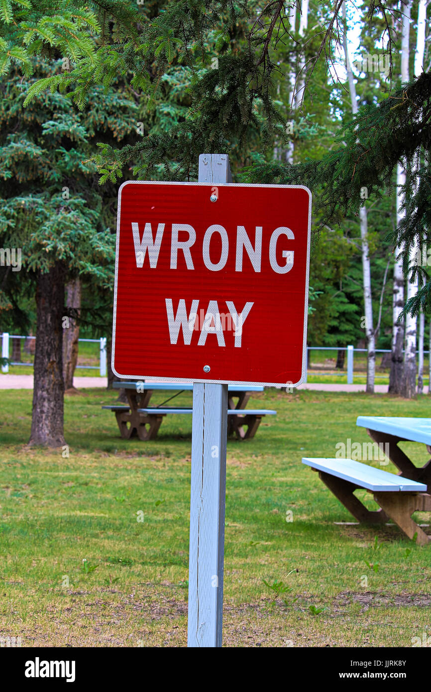 A red wrong way sign with picnic tables behind it Stock Photo - Alamy