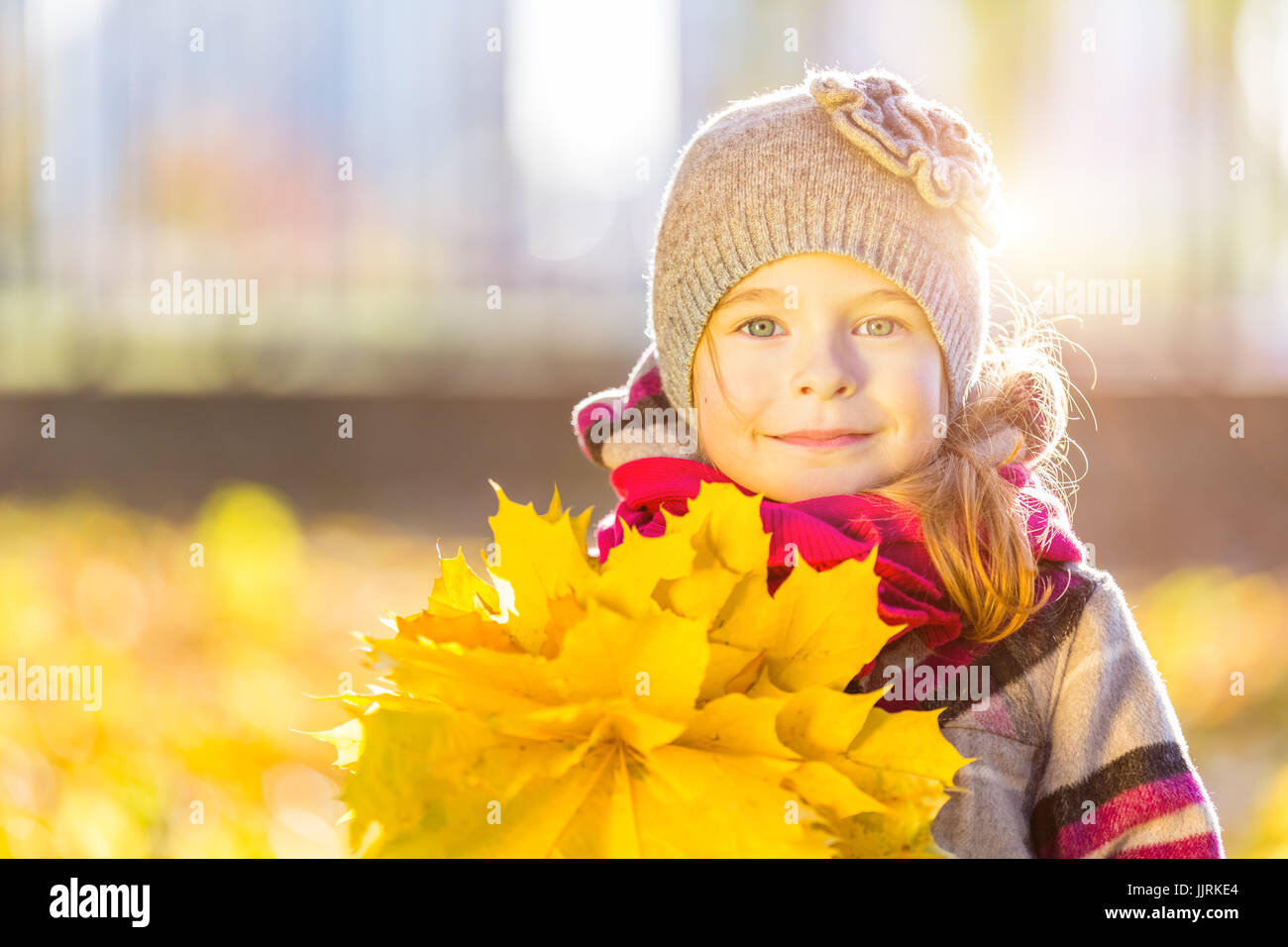 Happy little girl with autumn leaves Stock Photo - Alamy
