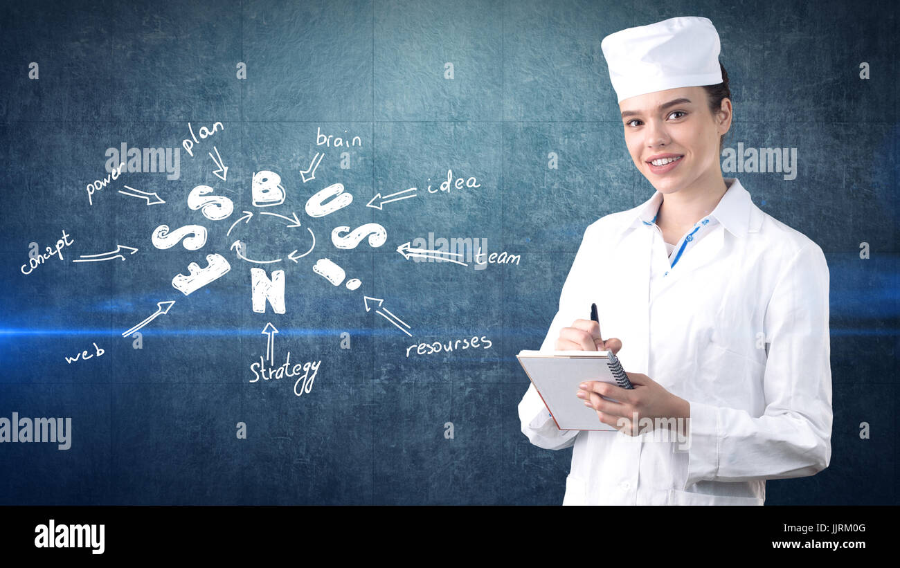 Beautiful medical woman doctor in uniform. Studio painted background ...