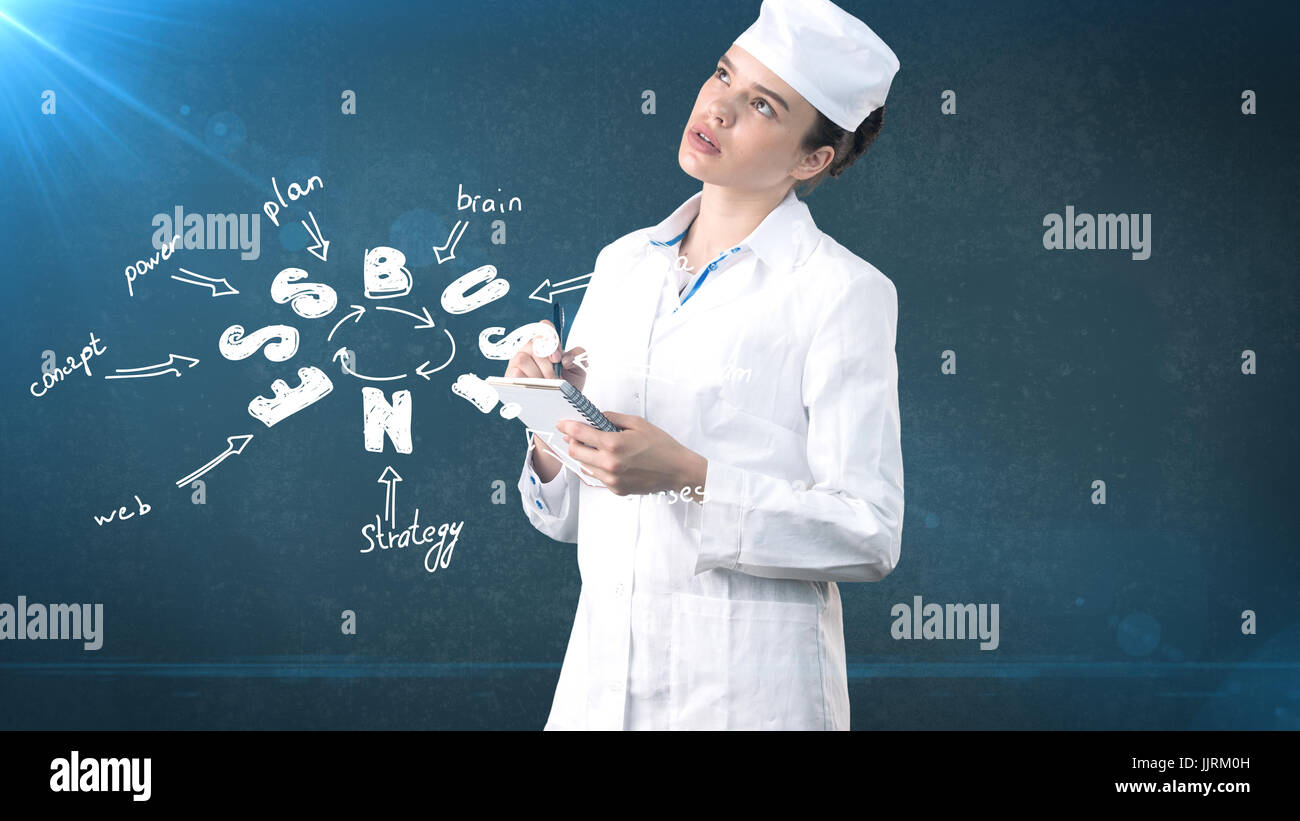 Beautiful medical woman doctor in uniform. Studio painted background ...