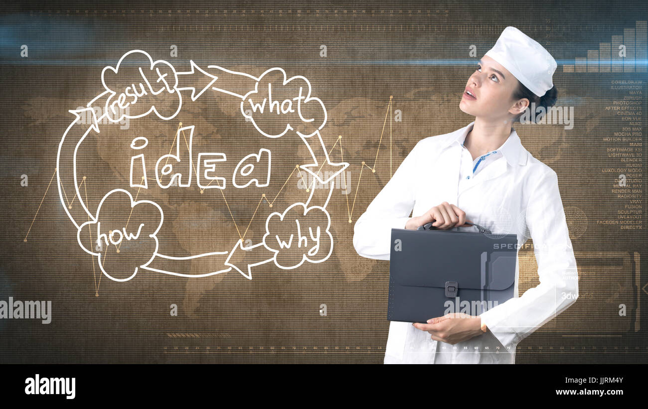 Beautiful medical woman doctor in uniform. Studio painted background ...