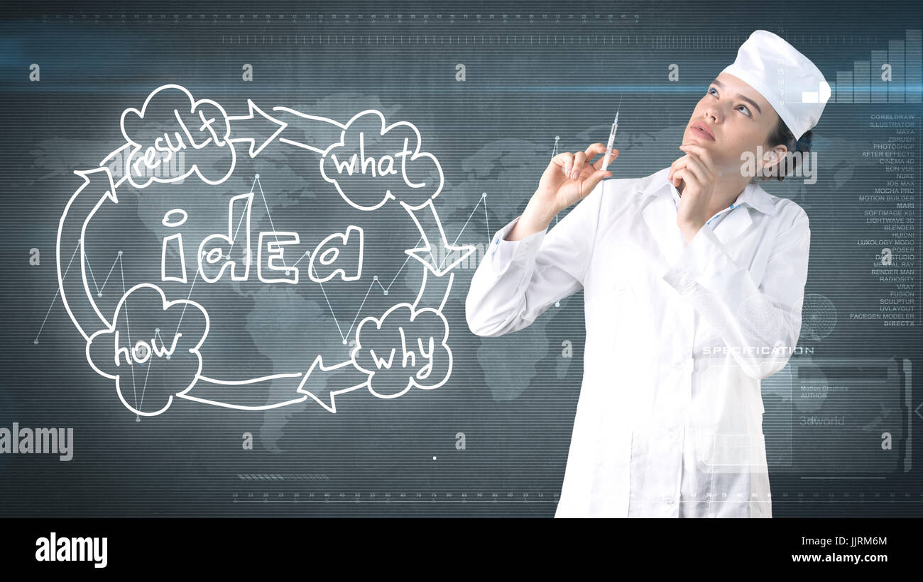 Beautiful medical woman doctor in uniform. Studio painted background ...