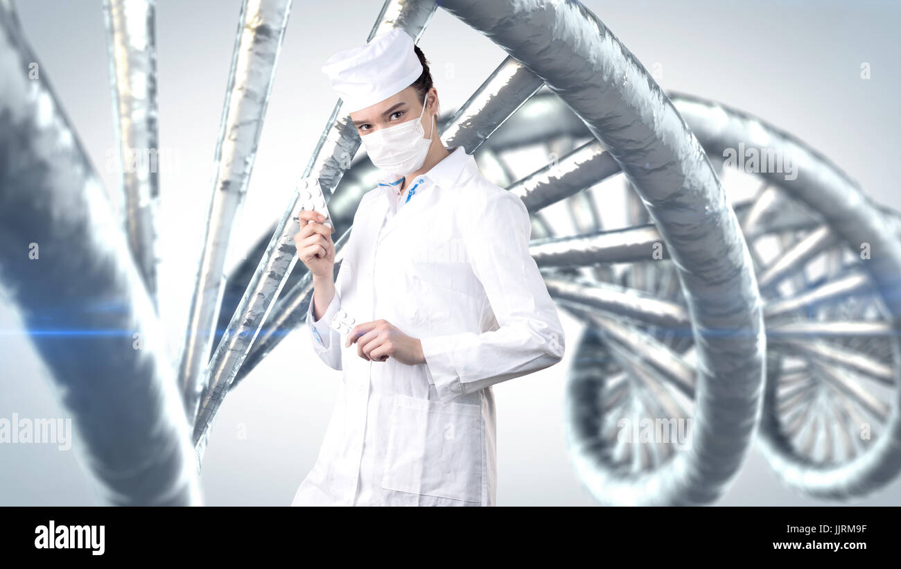 Beautiful medical woman doctor in uniform. Studio painted background ...