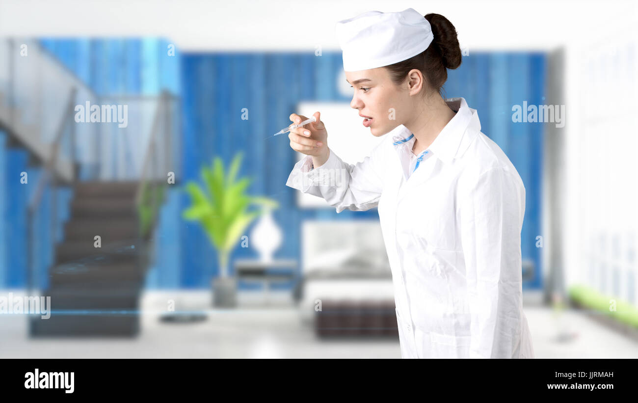Beautiful medical woman doctor in uniform. Studio painted background ...