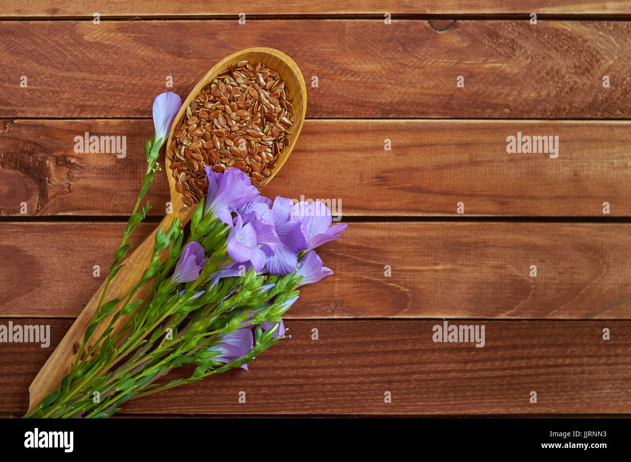 Flax seeds in wooden spoon with linum plants and lin flower on vintage ...