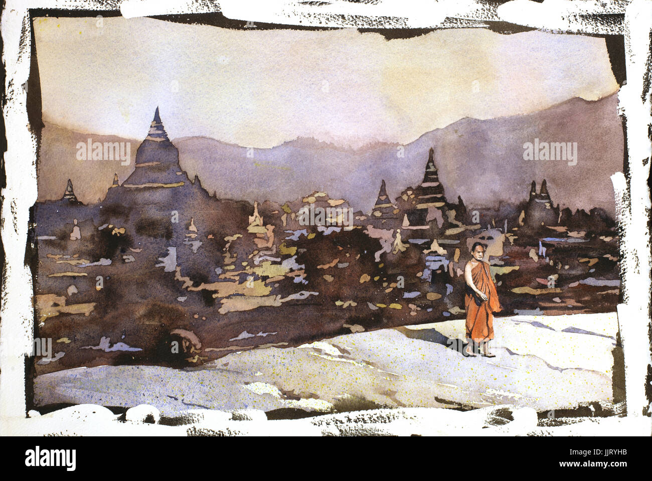 Fine art watercolor painting of Buddhist monk with ruined stupas of ...
