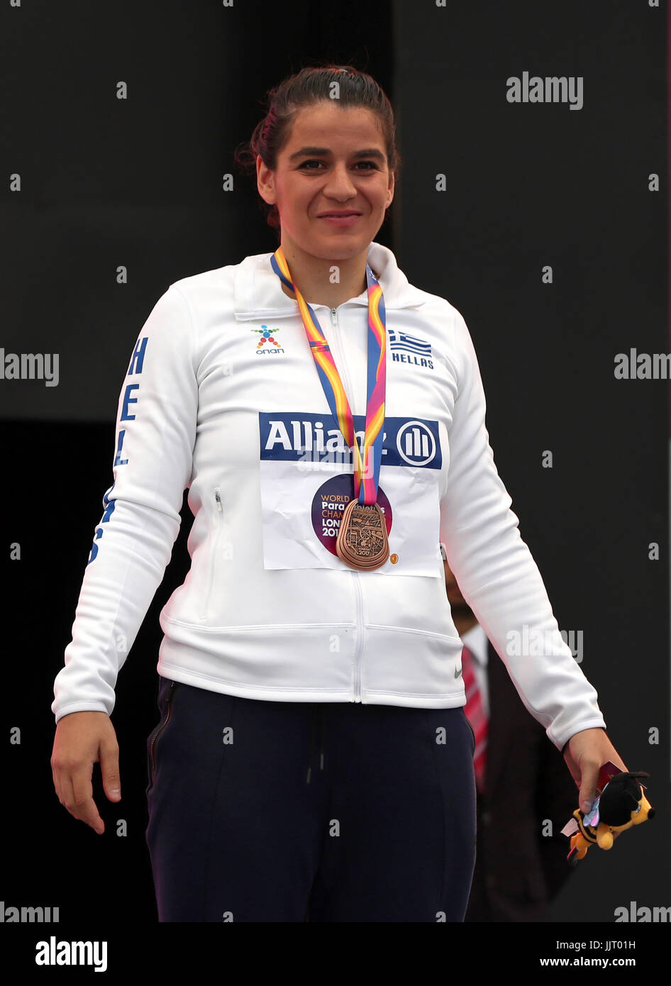 Greece's Zoi Mantoudi with her bronze medal after the Women's Shot Put ...