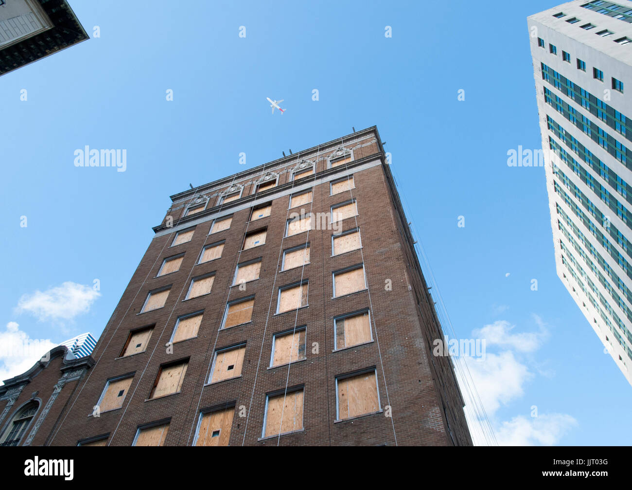 The airplane flying over Miami downtown (Florida Stock Photo - Alamy