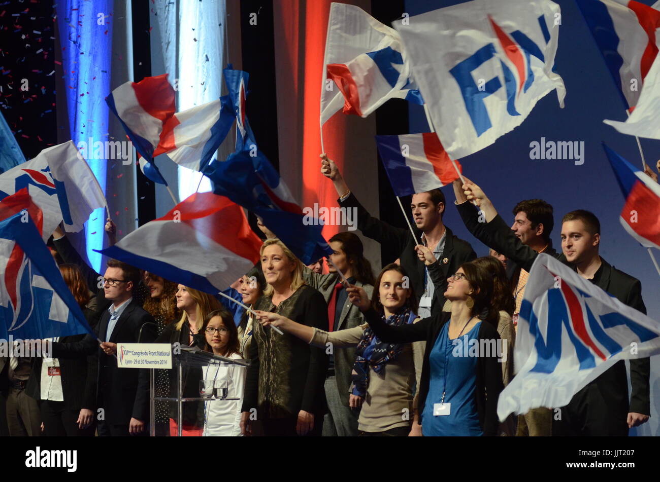 Marine Le Pen, leader of French National Front, talks in Lyon (France ...