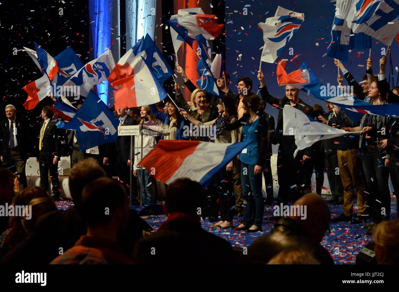 Marine Le Pen, leader of French National Front, talks in Lyon (France ...