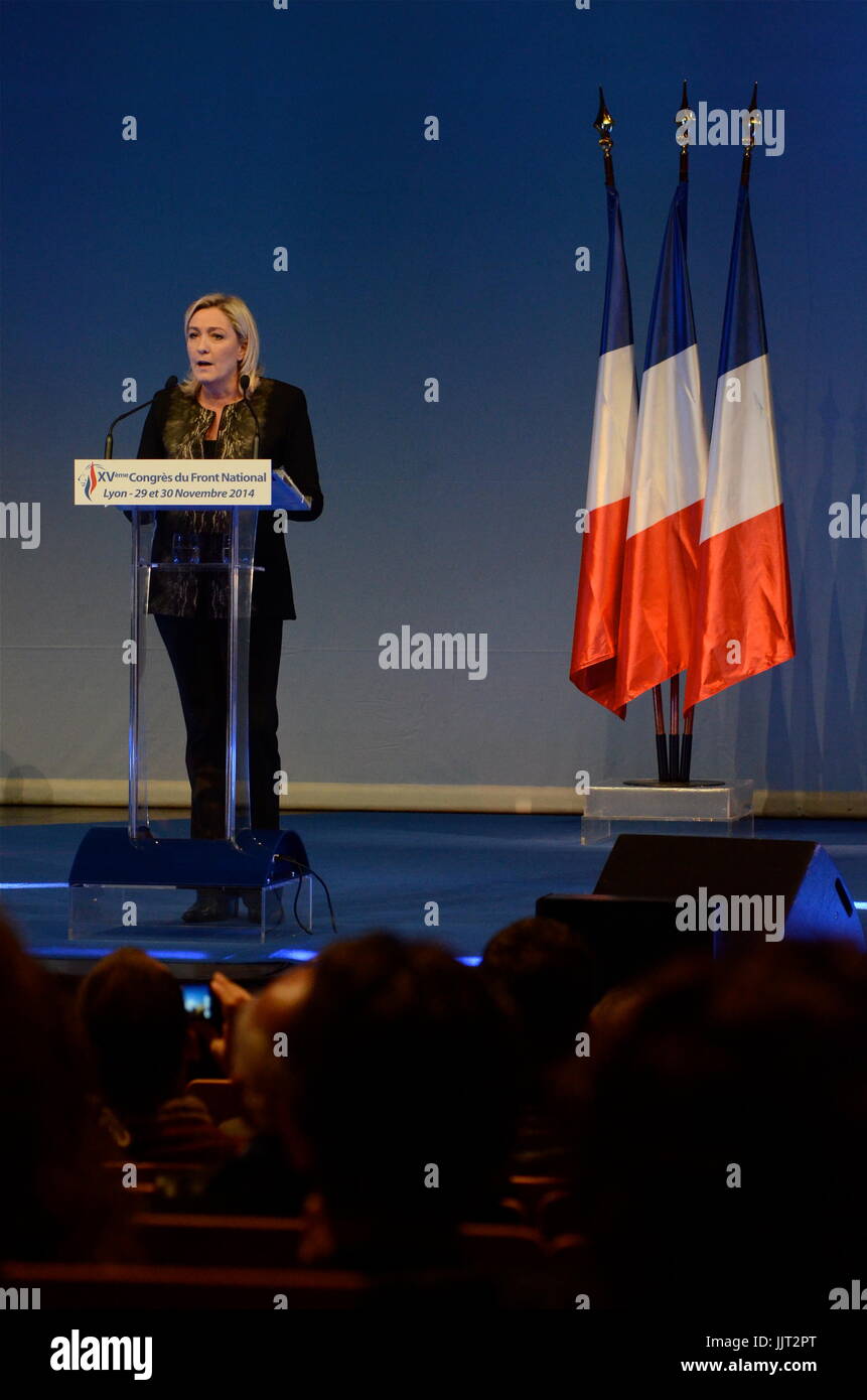 Marine Le Pen, leader of French National Front, talks in Lyon (France ...