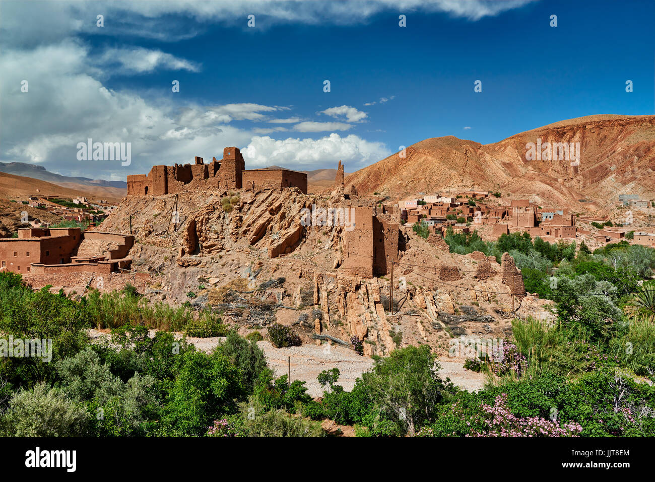 Kasbah in front of spectacular rock landscape of High Atlas mountain ...