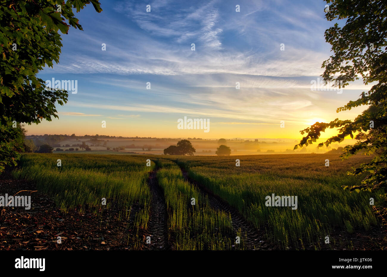 Sunrise over farmland tractor in hi-res stock photography and images ...