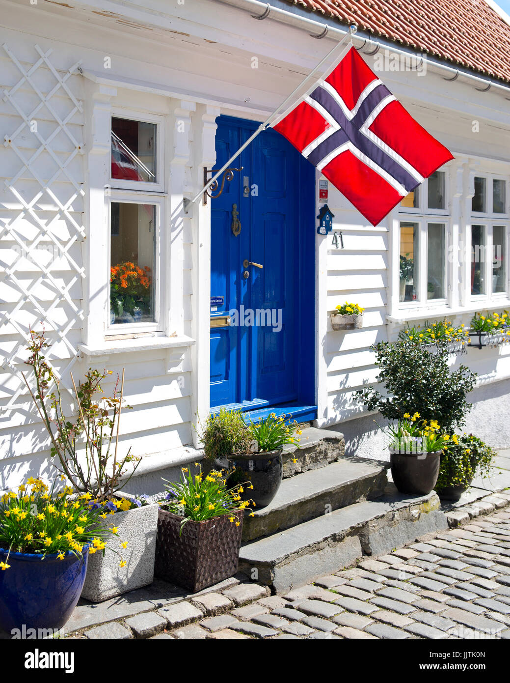 front door of traditional house in old town of stavanger with norwegian ...