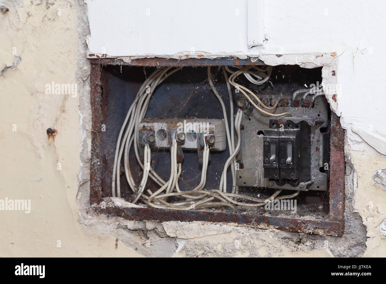 Old block terminal. Located in the old wall. Close-up Stock Photo - Alamy