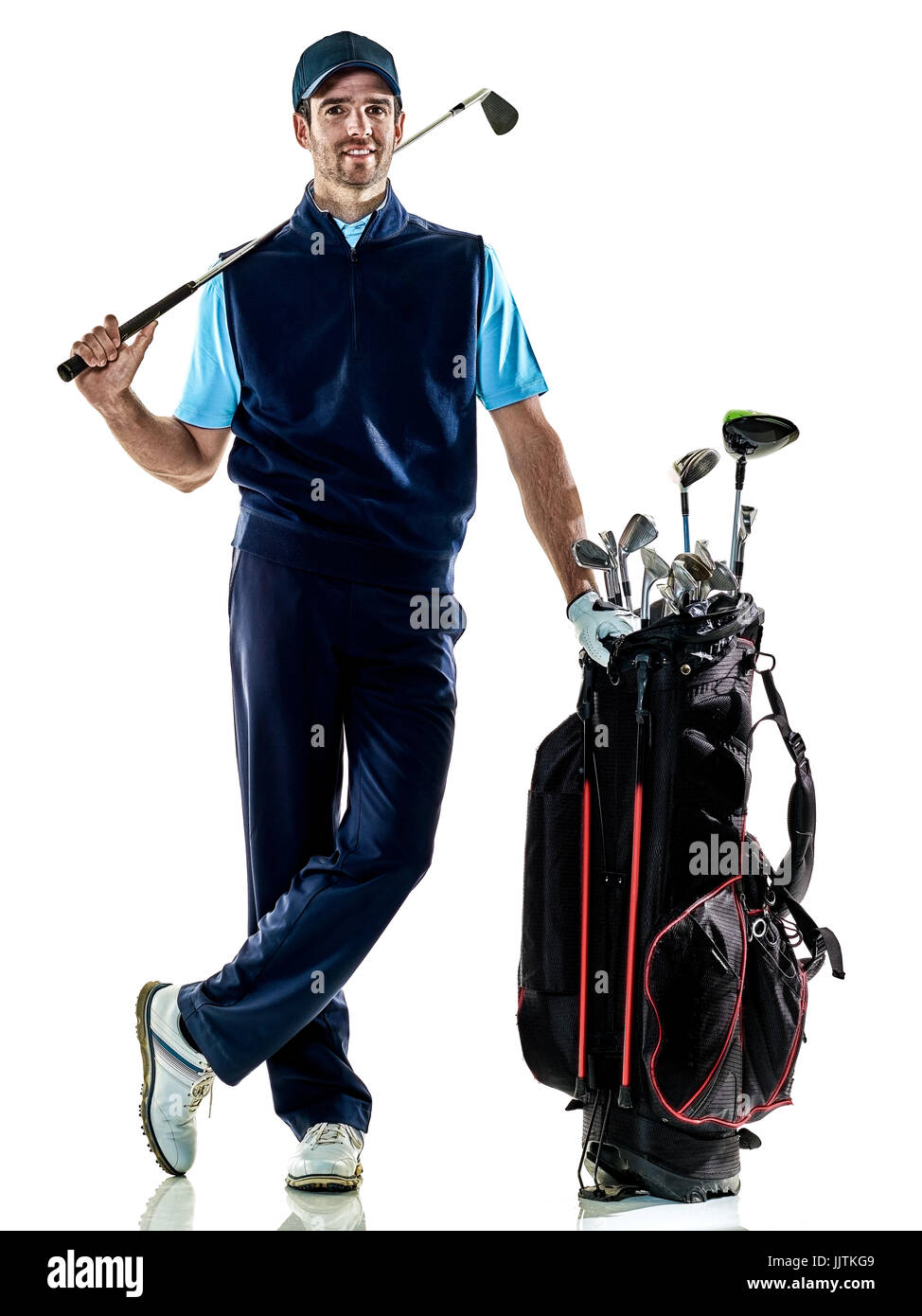 one caucasian man golfer golfing in studio isolated on white background ...