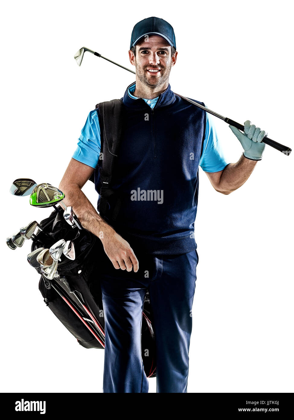 one caucasian man golfer golfing in studio isolated on white background ...