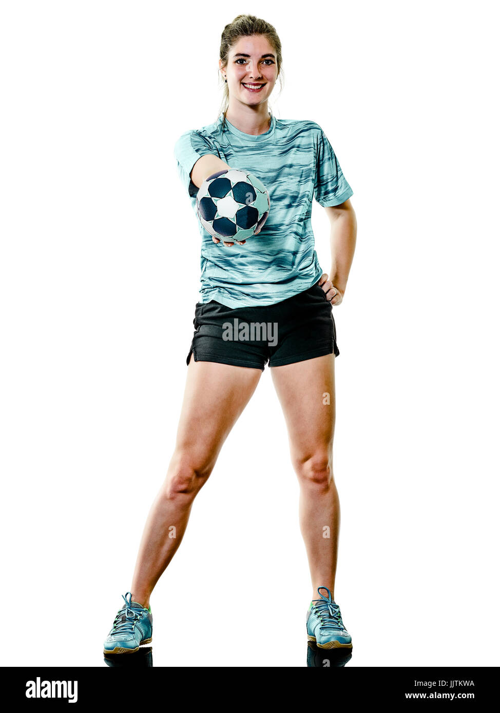 one caucasian young teenager girl woman playing Handball player ...