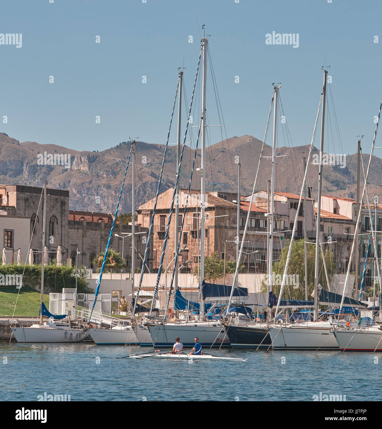 Palermo, Sicily, Italy, July 15 / 2017 Palermo Cala harbor, two men in ...