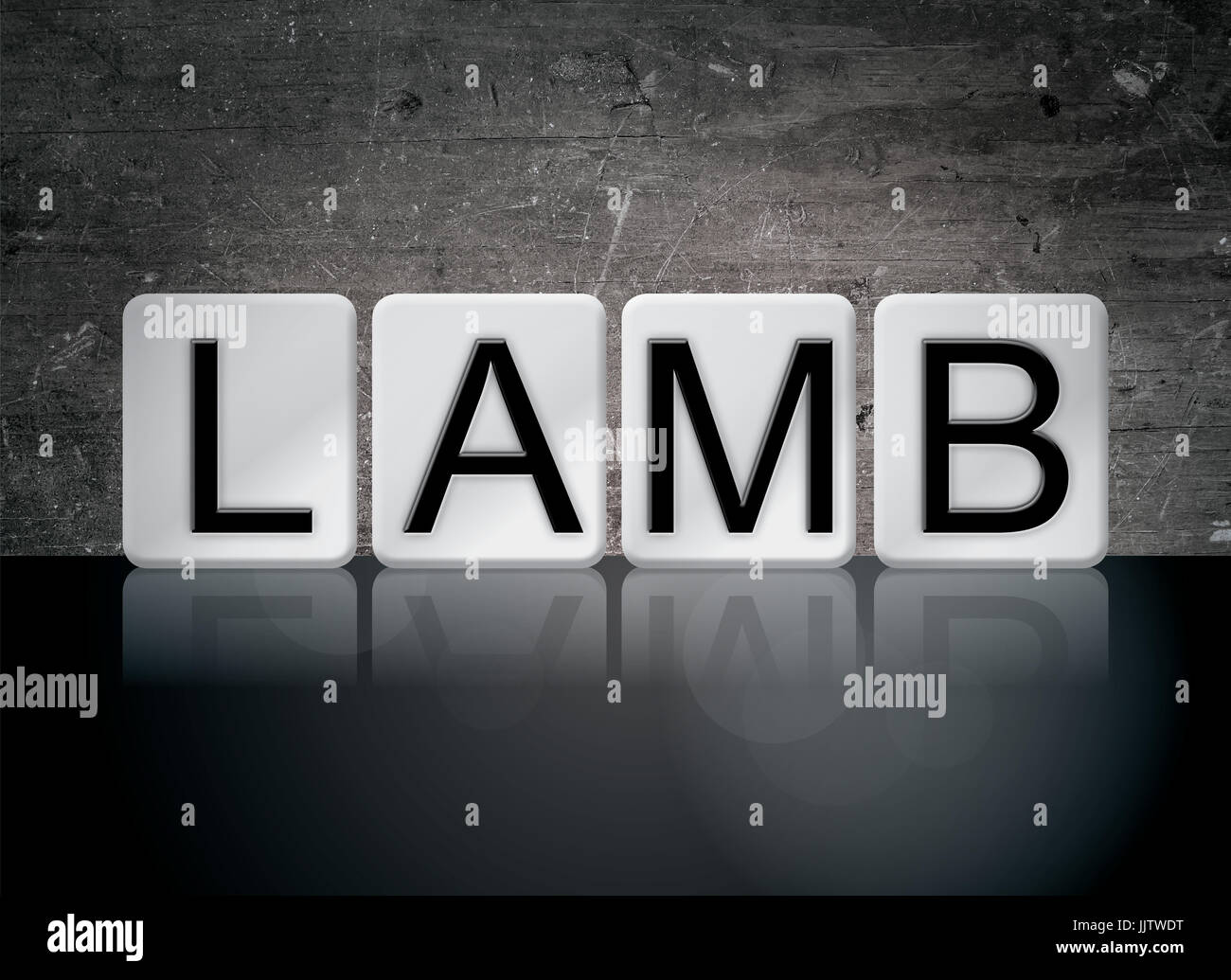 The word Lamb concept and theme written in white tiles on a dark ...
