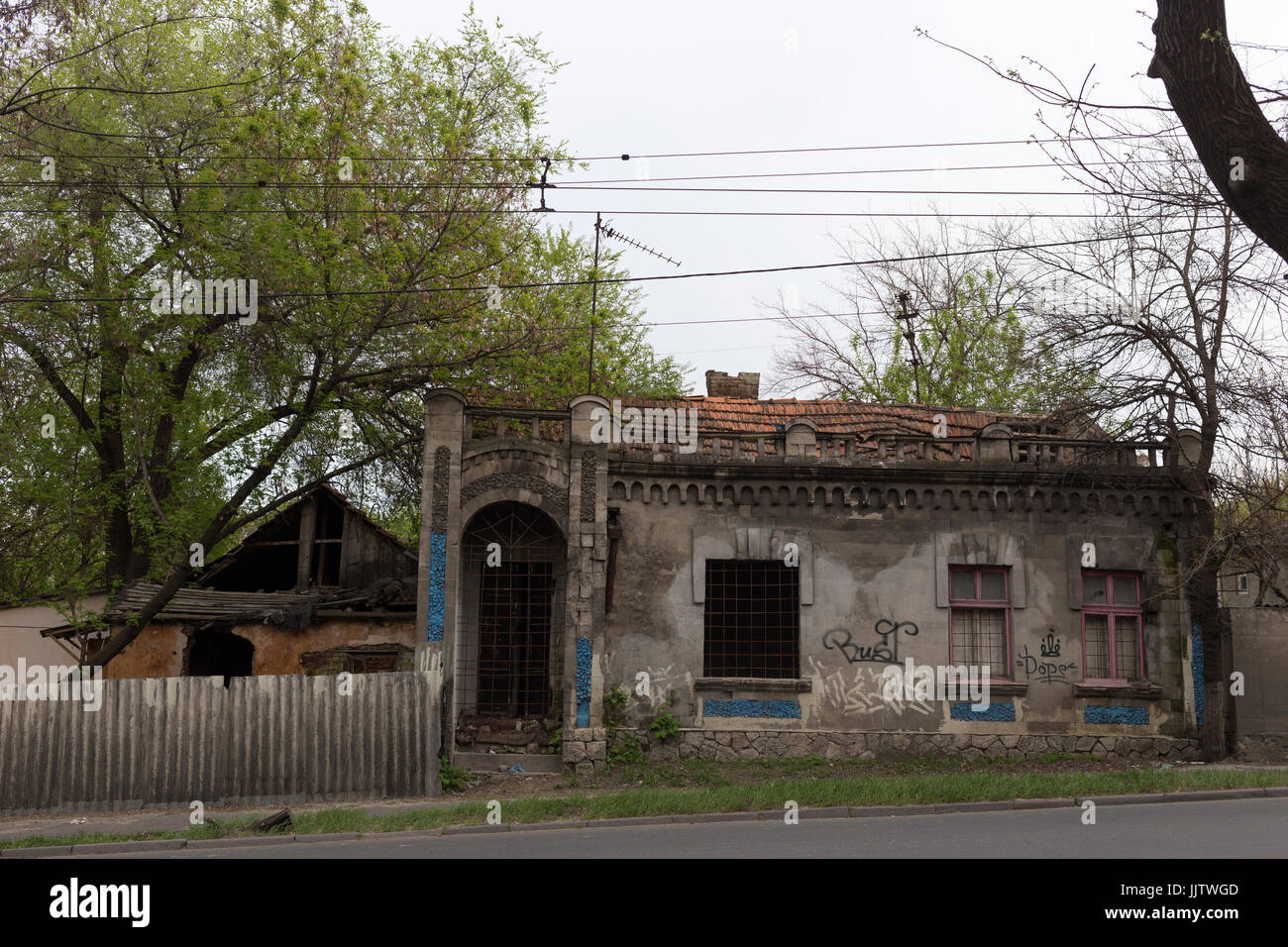 Abandoned old house. The disturbed house under a crown of a tree in the ...