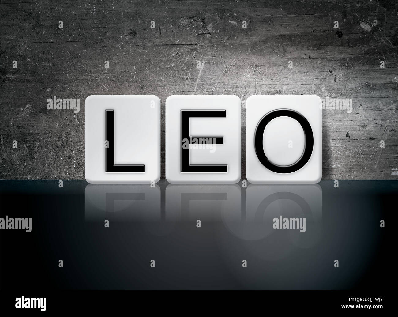 The word Leo concept and theme written in white tiles on a dark ...
