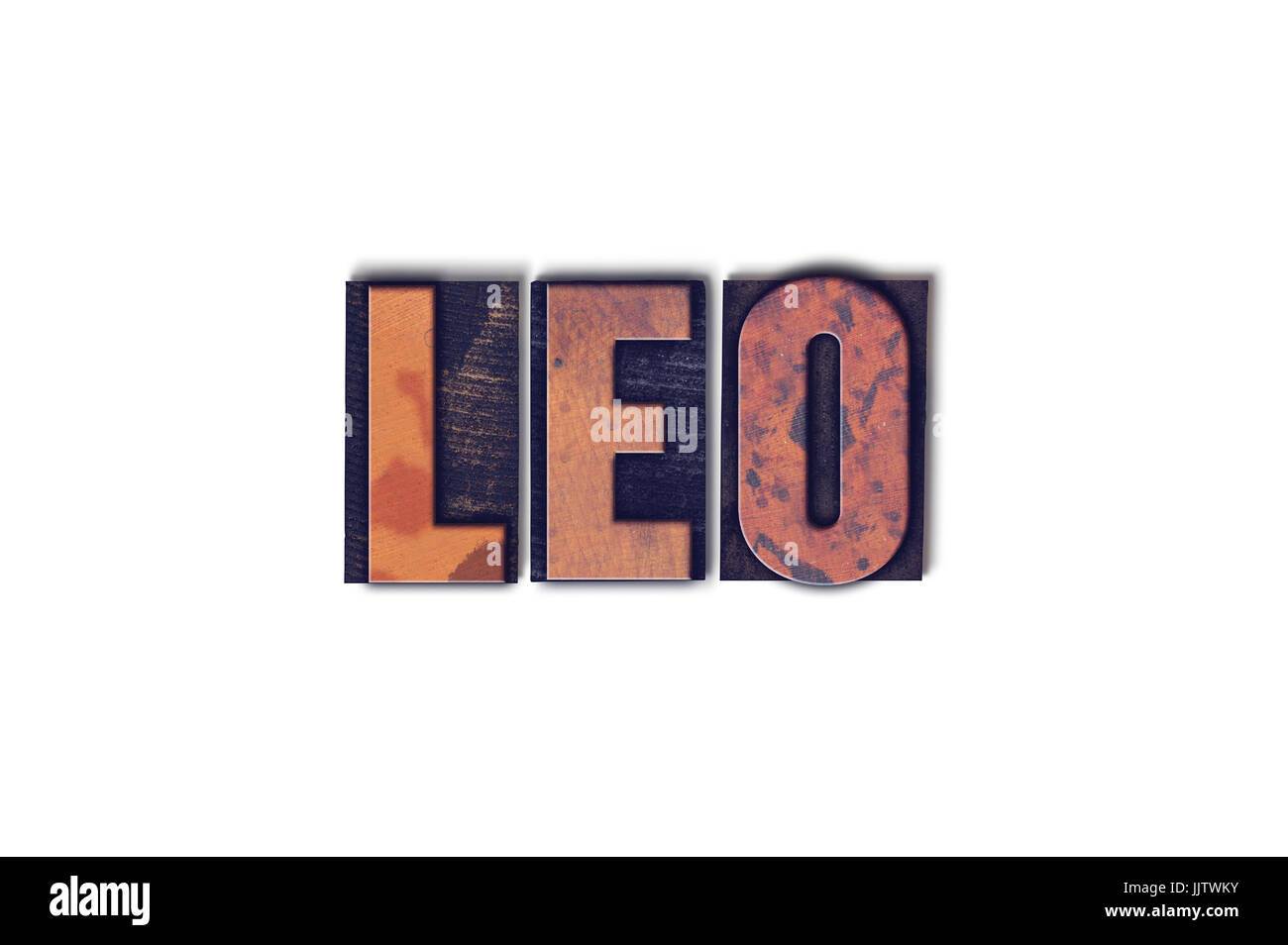 The word Leo concept and theme written in vintage wooden letterpress ...