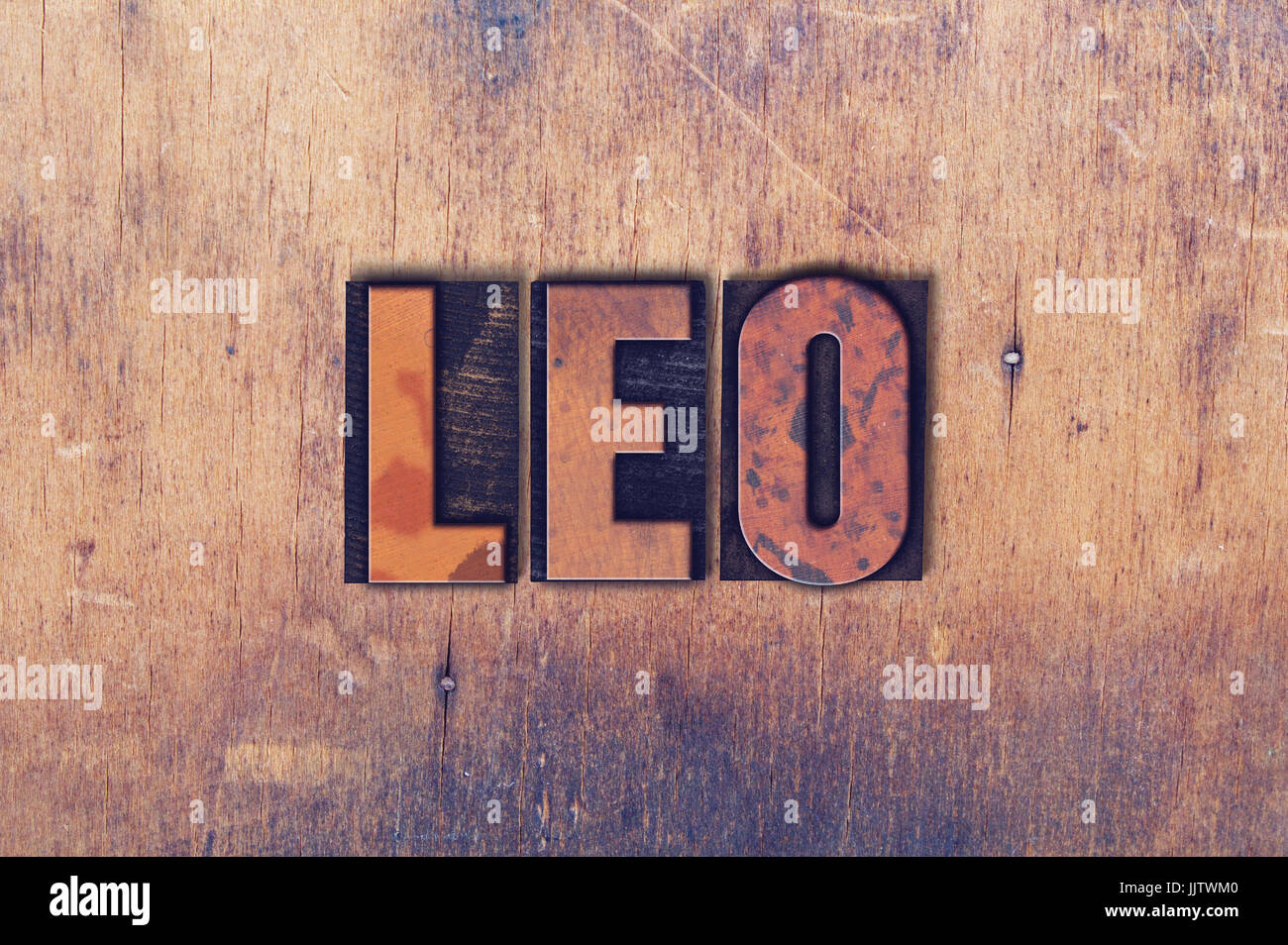 The word Leo concept and theme written in vintage wooden letterpress ...