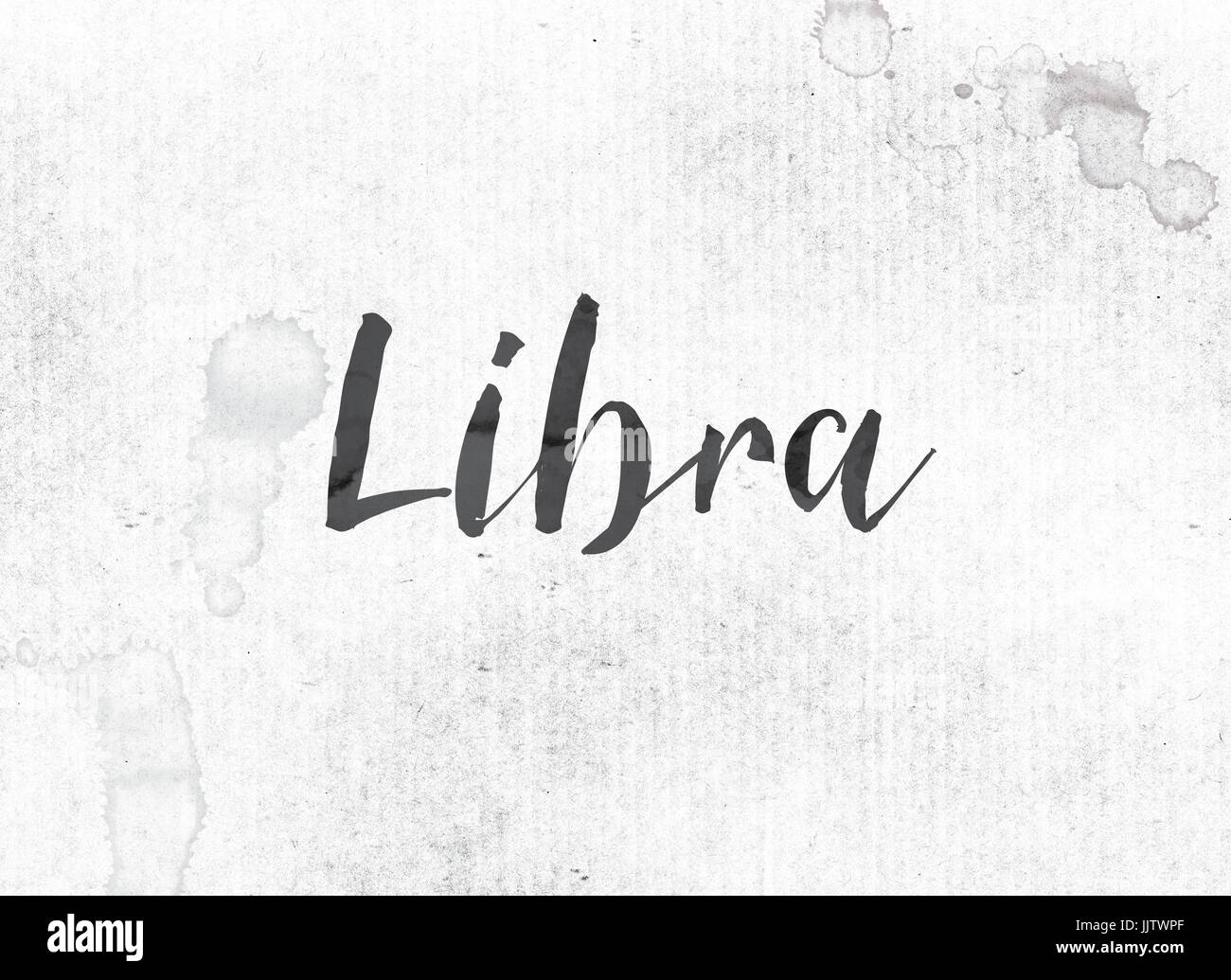 The word Libra concept and theme painted in black ink on a watercolor ...
