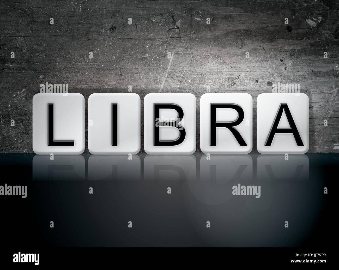 The word Libra concept and theme written in white tiles on a dark ...