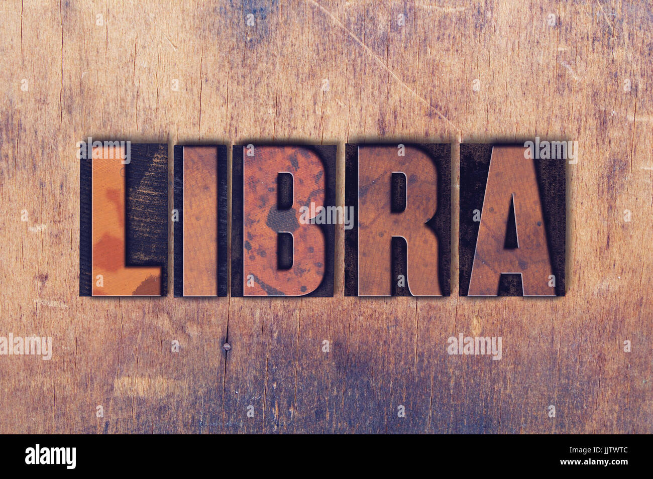 The word Libra concept and theme written in vintage wooden letterpress ...