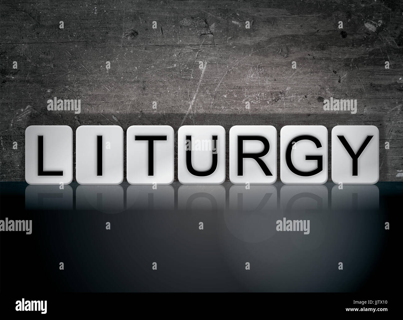 The word Liturgy concept and theme written in white tiles on a dark ...