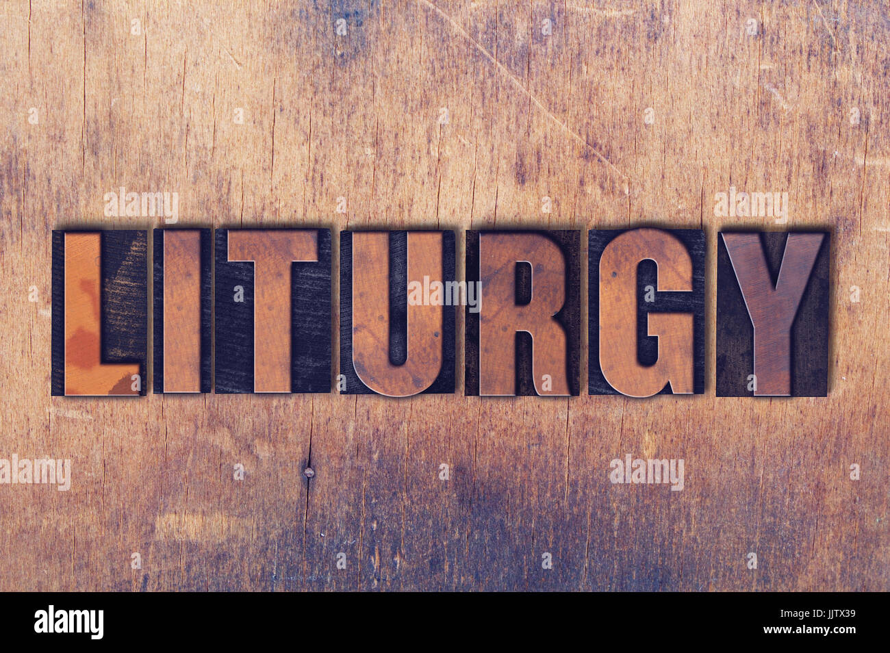 The word Liturgy concept and theme written in vintage wooden ...