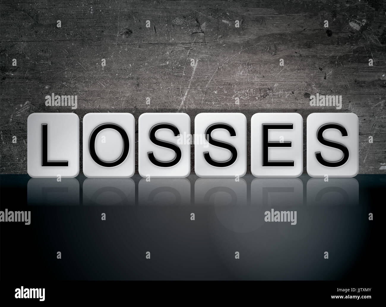 The word Losses concept and theme written in white tiles on a dark ...