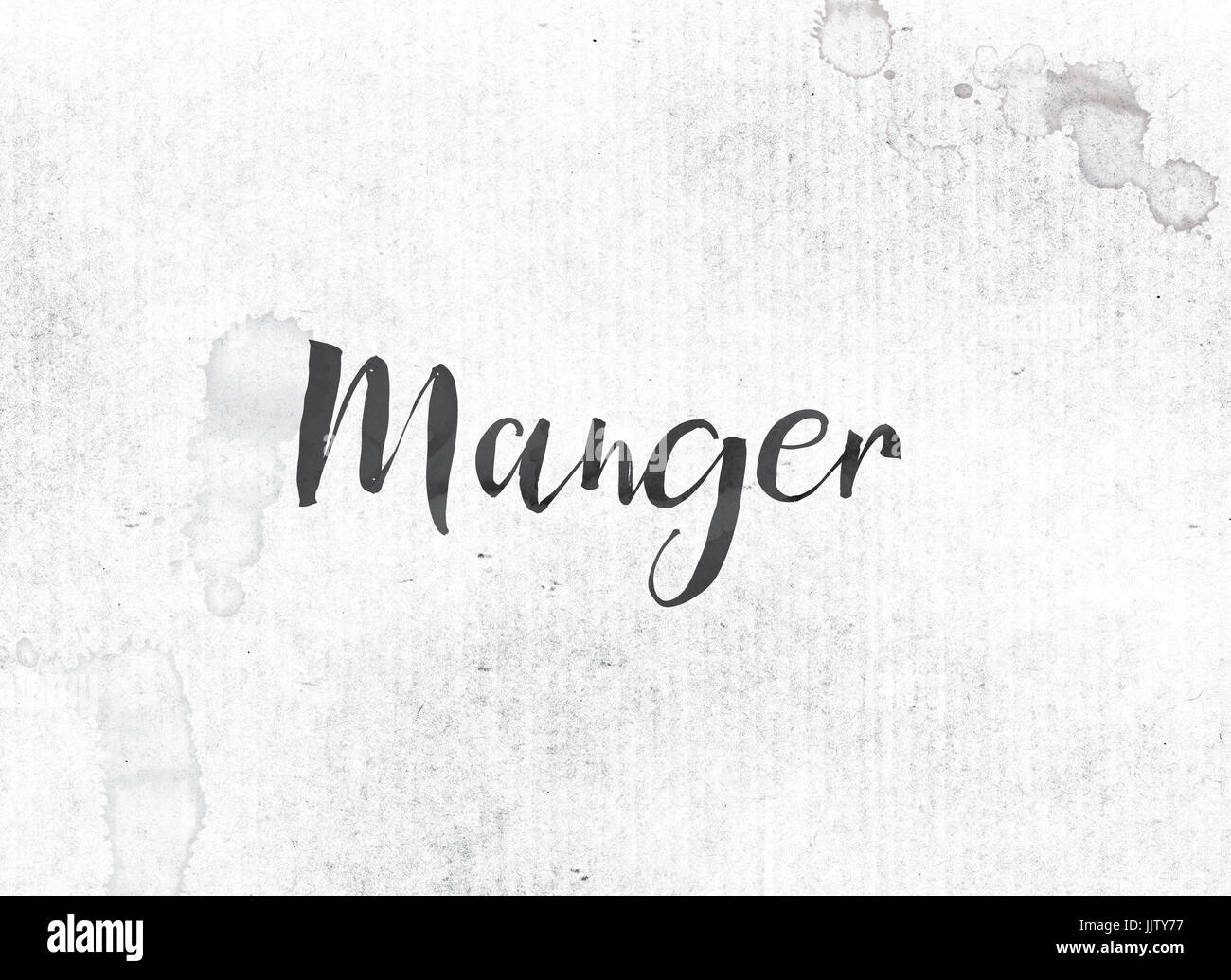The word Manger concept and theme painted in black ink on a watercolor ...