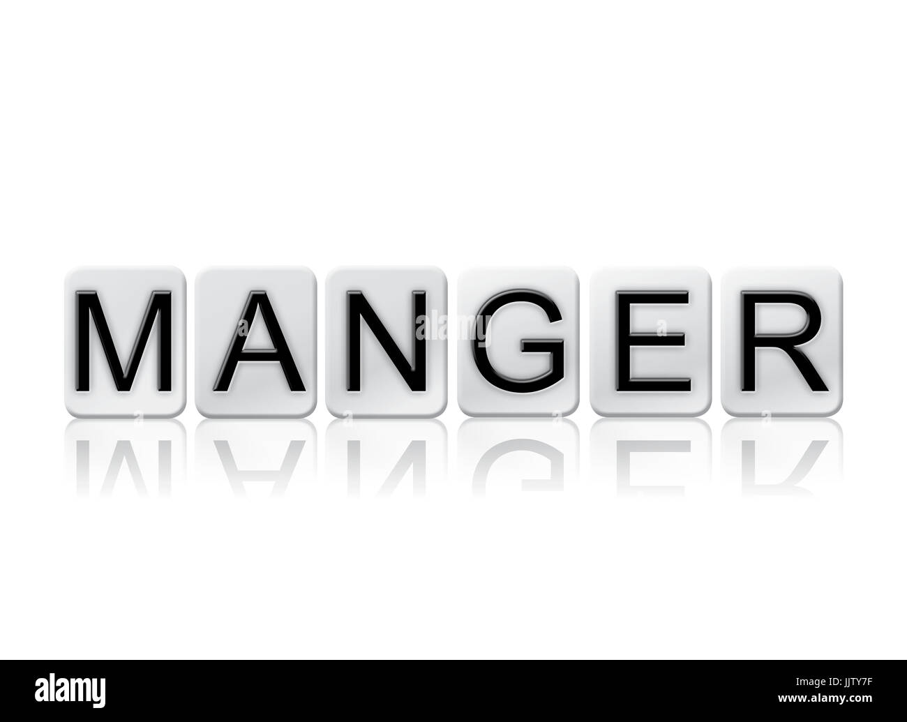 The word Manger concept and theme written in white tiles and isolated ...