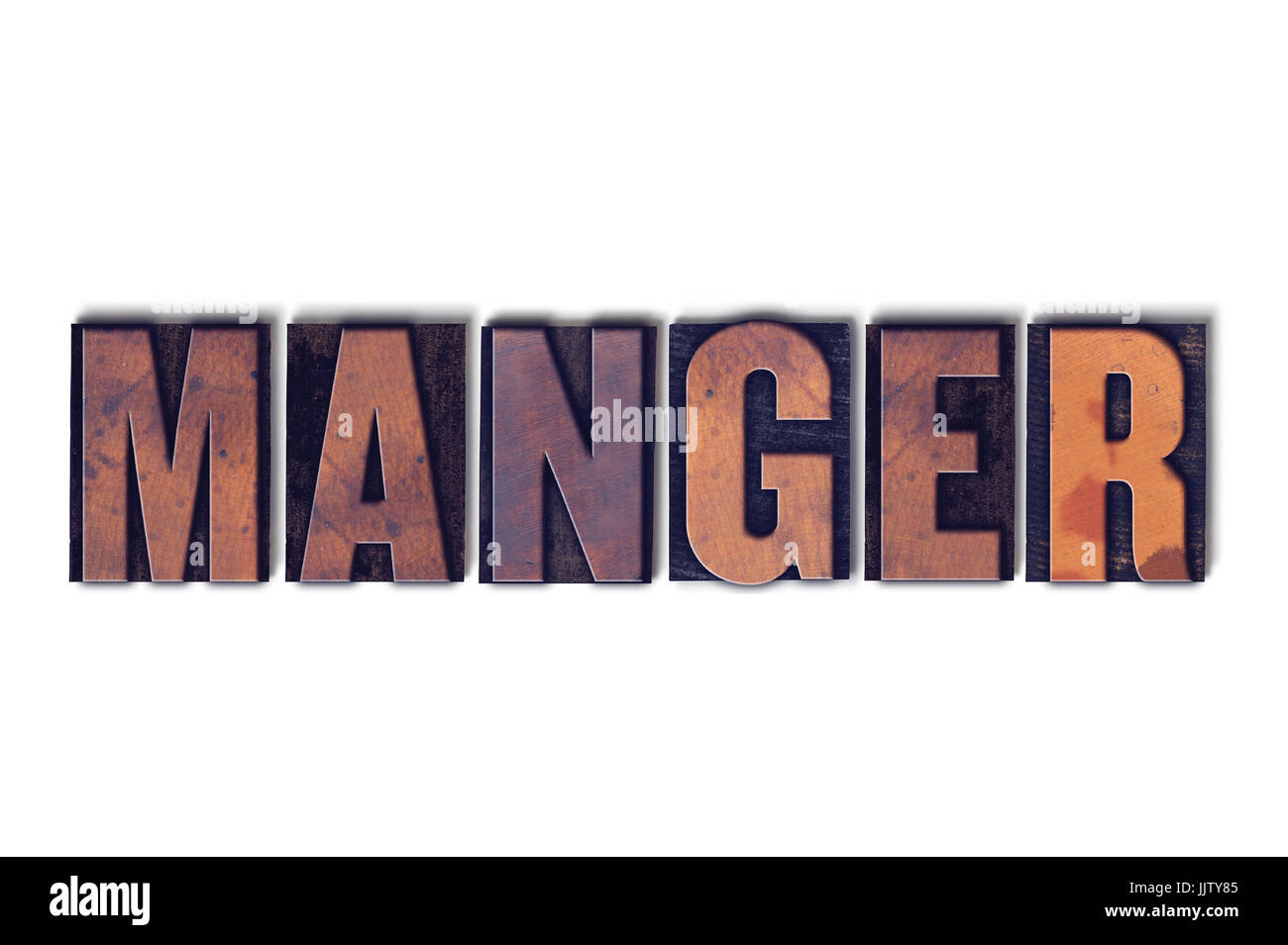 The word Manger concept and theme written in vintage wooden letterpress ...