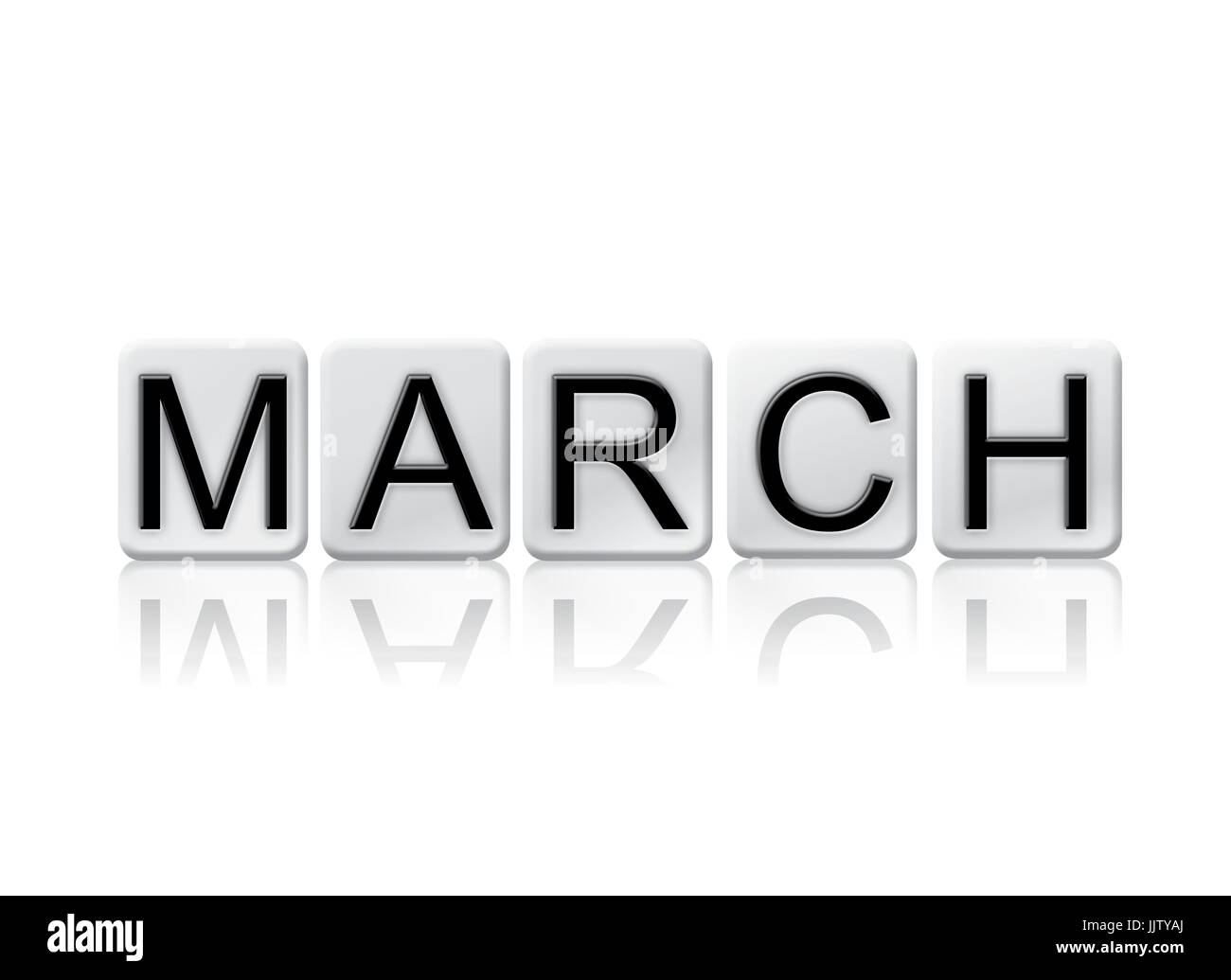 The word March concept and theme written in white tiles and isolated on ...
