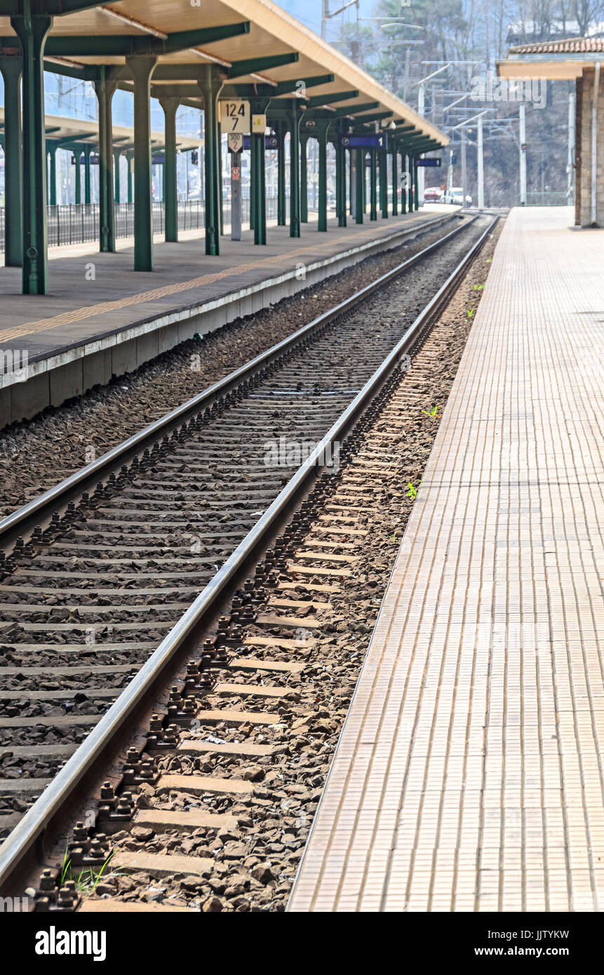 Railway in the train station, outdoor signs close up Stock Photo - Alamy