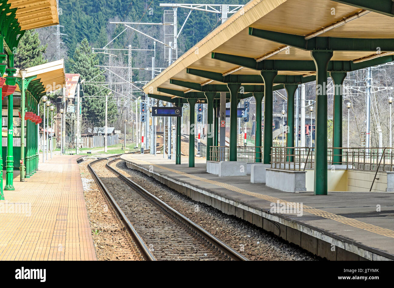 Railway in the train station, outdoor signs close up Stock Photo - Alamy