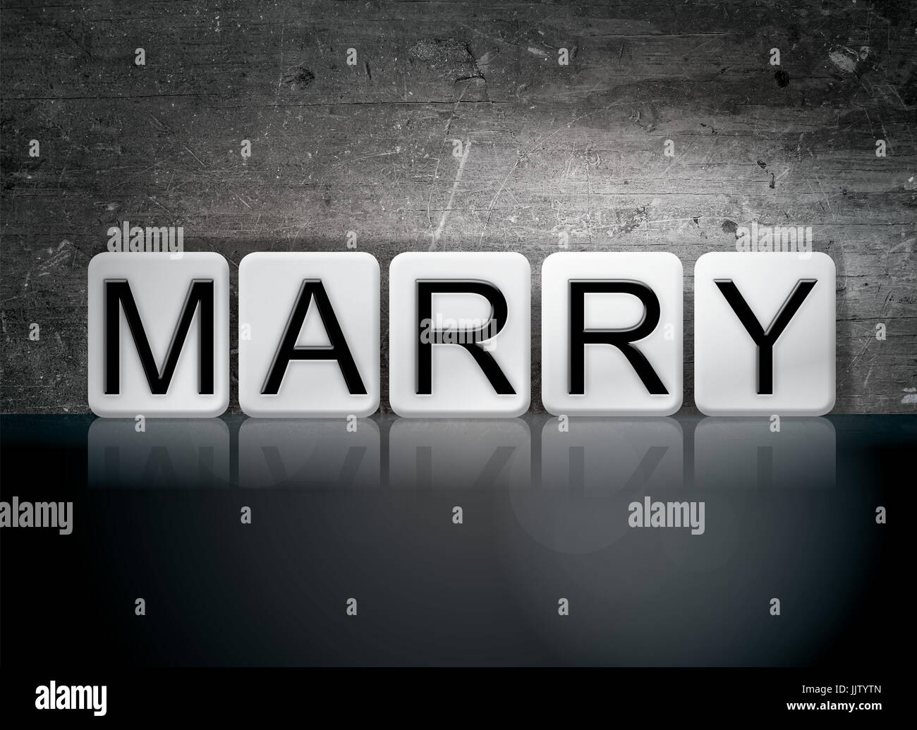 The word Marry concept and theme written in white tiles on a dark ...