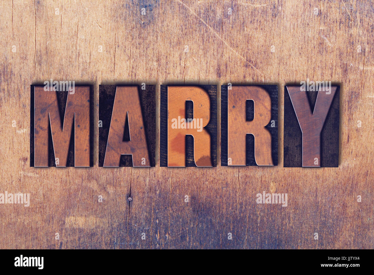 The word Marry concept and theme written in vintage wooden letterpress ...
