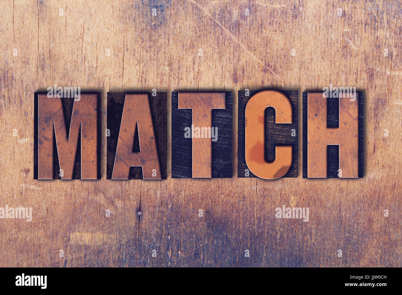 The word Match concept and theme written in vintage wooden letterpress ...