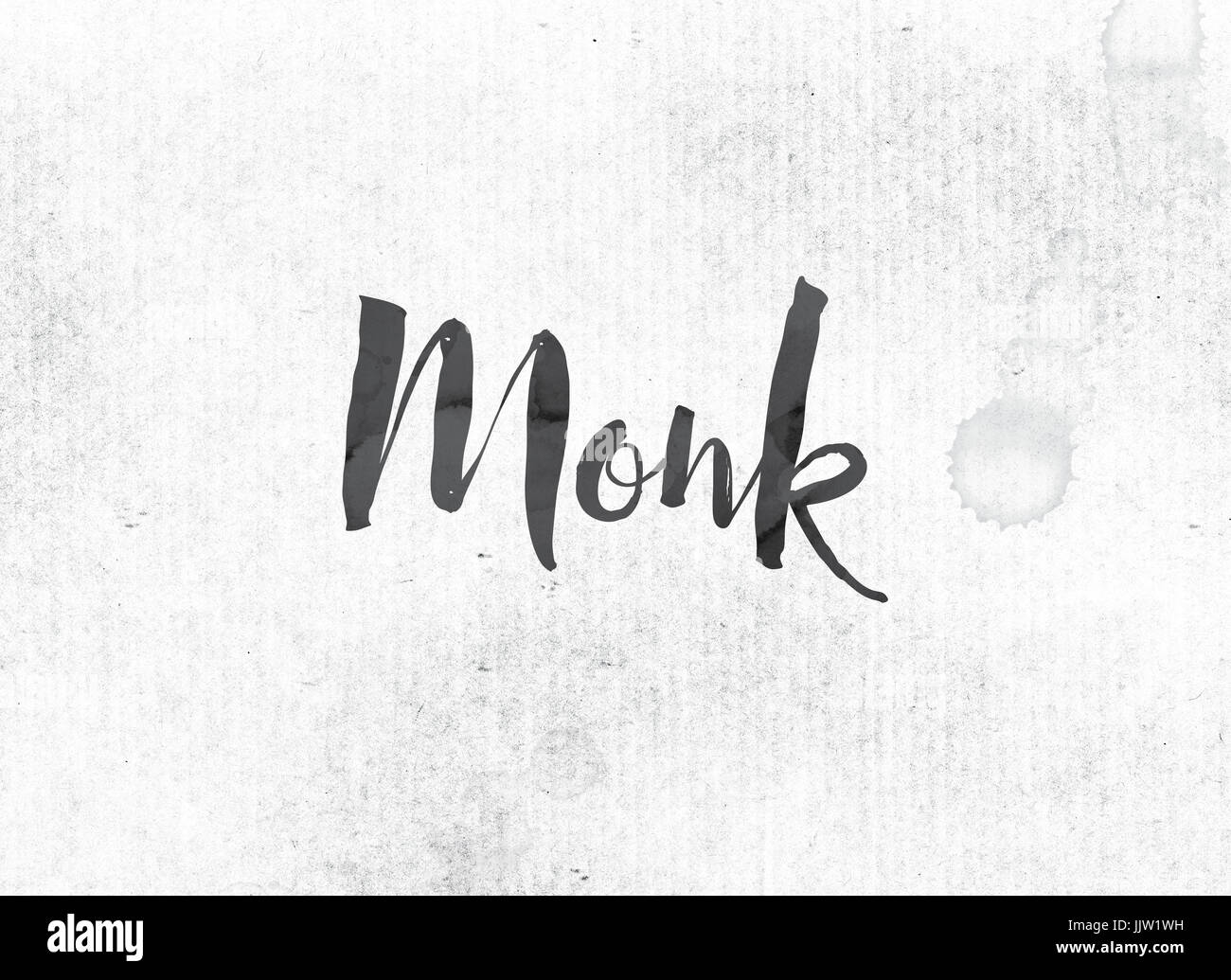 The word Monk concept and theme painted in black ink on a watercolor ...