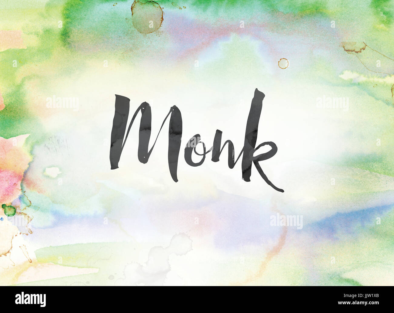 The word Monk concept and theme written in black ink on a colorful ...