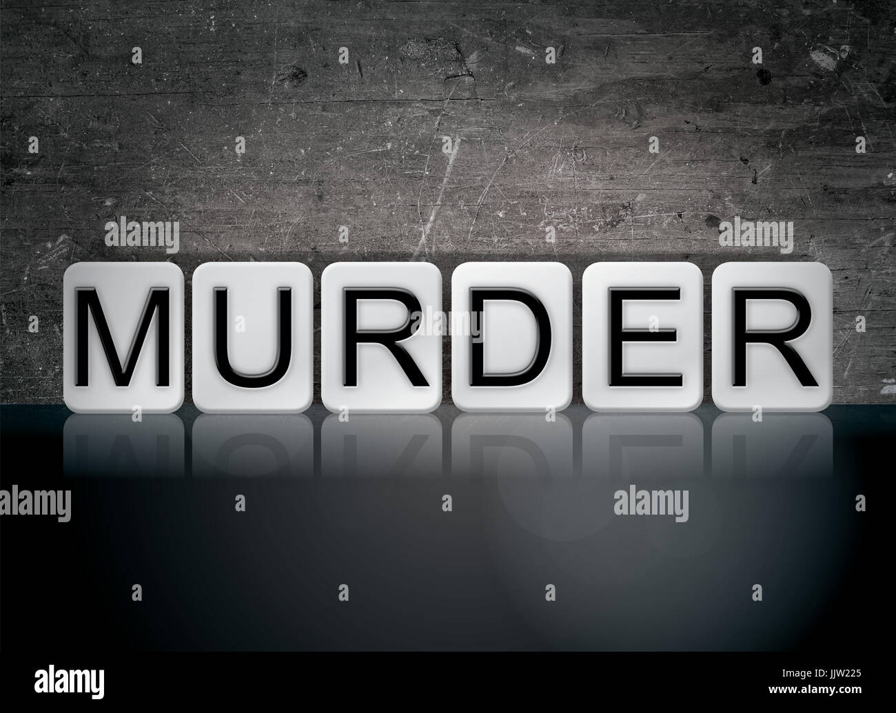 The word Murder concept and theme written in white tiles on a dark ...